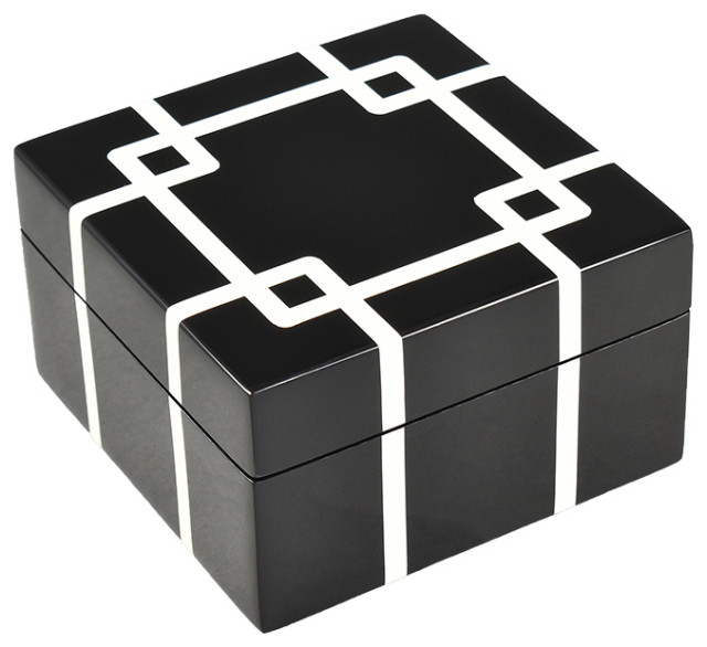 Lacquer Small Square Box, Black with White Interlock - Contemporary ...