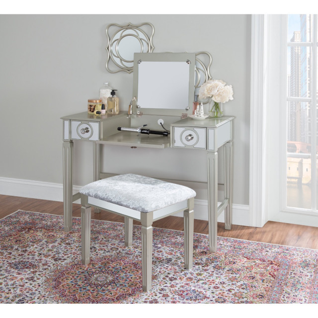 Traditional Vanity Set, Lift Top Design With Mirror & Cushioned Bench ...