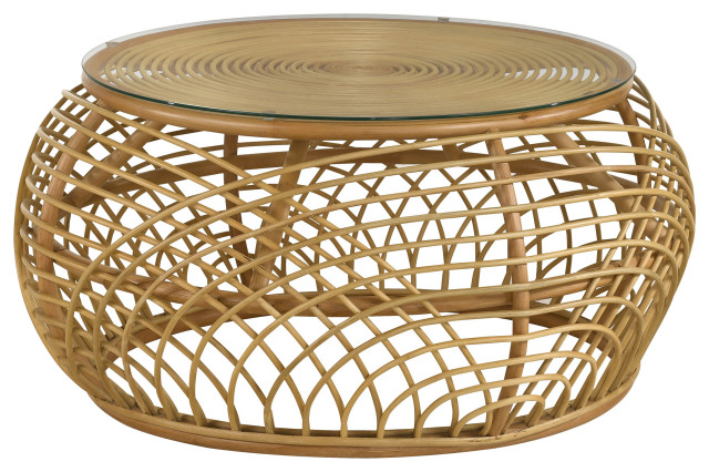 Dahlia Round Glass Top Woven Rattan Coffee Table Natural Brown ...