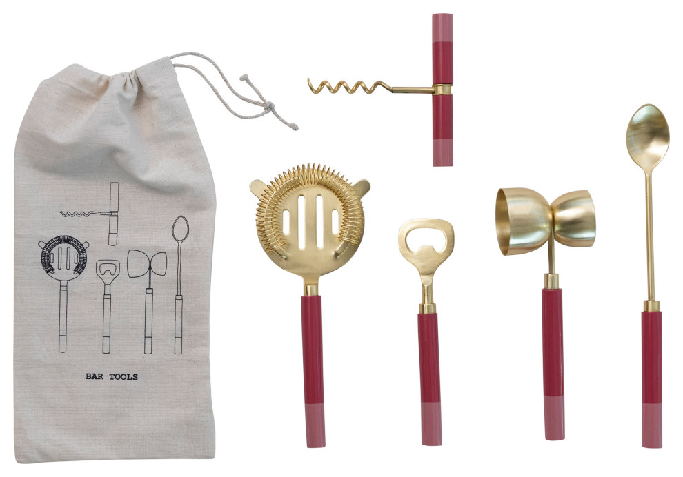 Stainless Steel Bar Tools with 2-Tone Resin Handles in Drawstring Bag ...