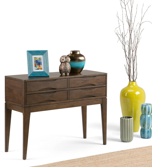 Retro Modern Console Table, Rubberwood Frame With 4 Drawers, Dark ...