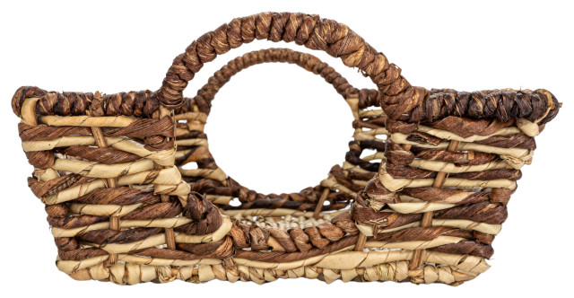 Hand-Woven Buri and Abaca Trays With Handles, Natural and Brown, Set of ...