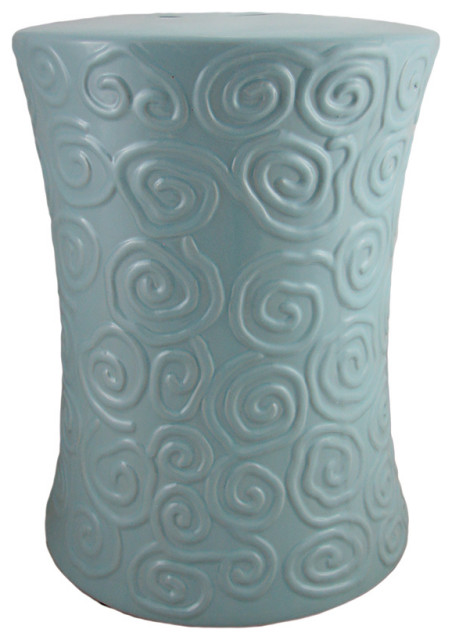 Powder Blue Ceramic Swirl Design Decorative Accent Stool, Small ...