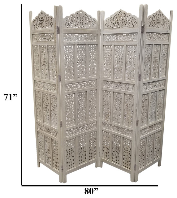 4 Panel Wooden Room Divider Distressed White Aesthetic Carved Design ...