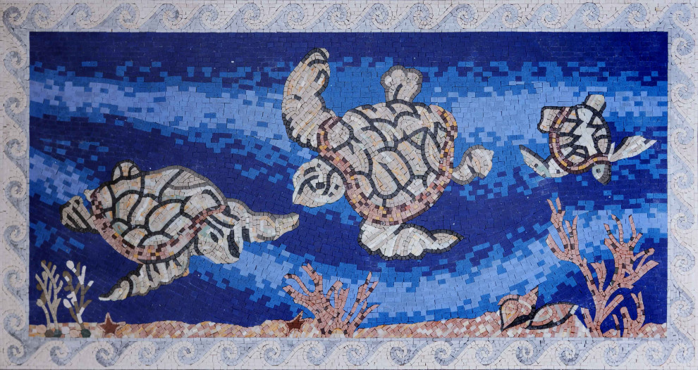 Swimming turtles - Mosaic Art, 118" x 63" - Beach Style - Tile Murals ...