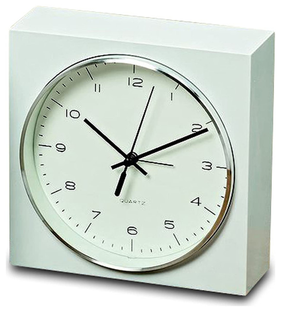 Block Clock With Alarm, Quartz, White, 6 1/2" Square, 1 AA Battery ...