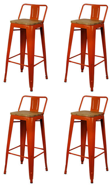 Orange Low Back Metal Barstools With Wooden Seat, Set of 4 - Industrial ...