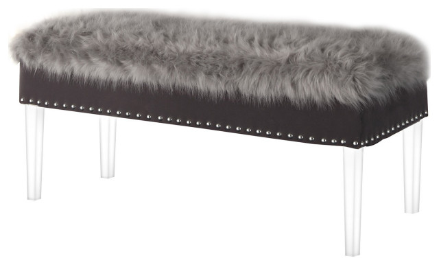 Contemporary Chic Gray Faux Fur and Clear Acrylic Storage Bench ...