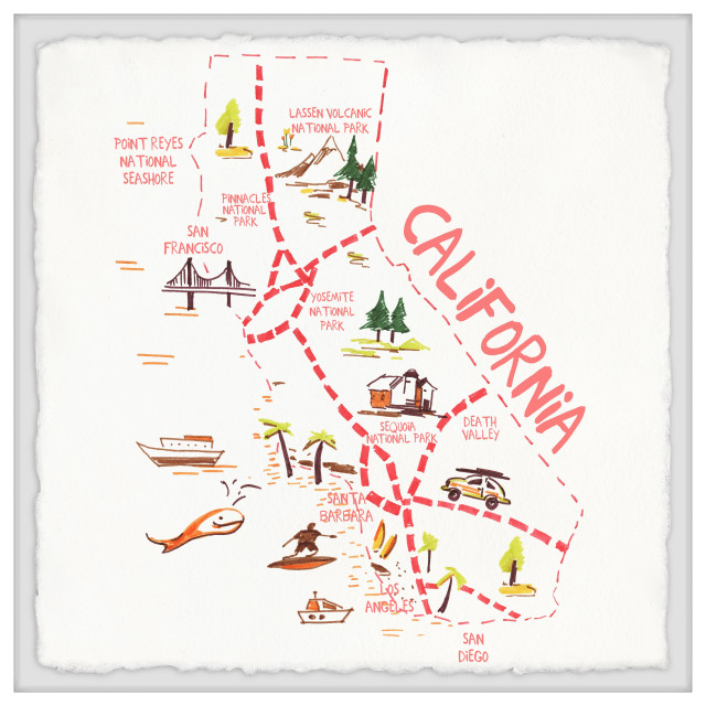 "California Illustrated Map" Framed Painting Print, 18x18 ...