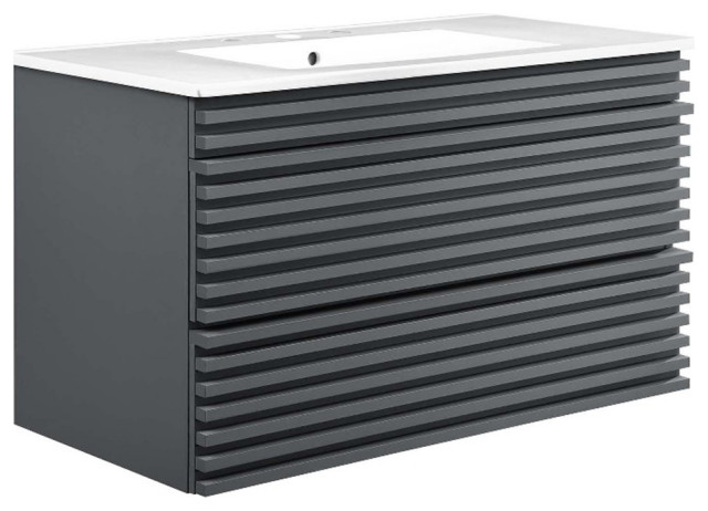 Modway Render 36" MDF Wood Wall-Mount Bathroom Vanity in Gray/White ...