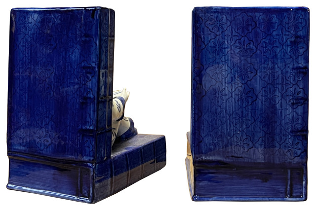 Porcelain Blue and White Kid Reading Book Figure Bookend Stopper ...