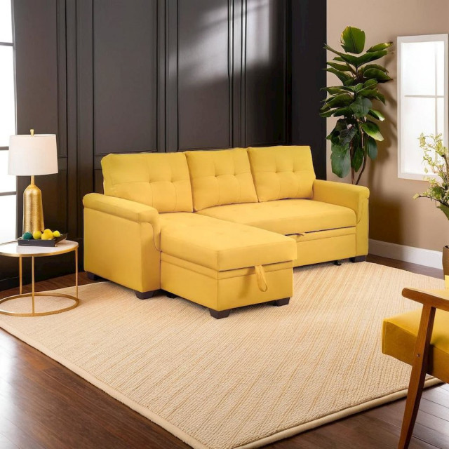 Elegant Yellow Linen Reversible Sleeper Sectional Sofa with Storage ...