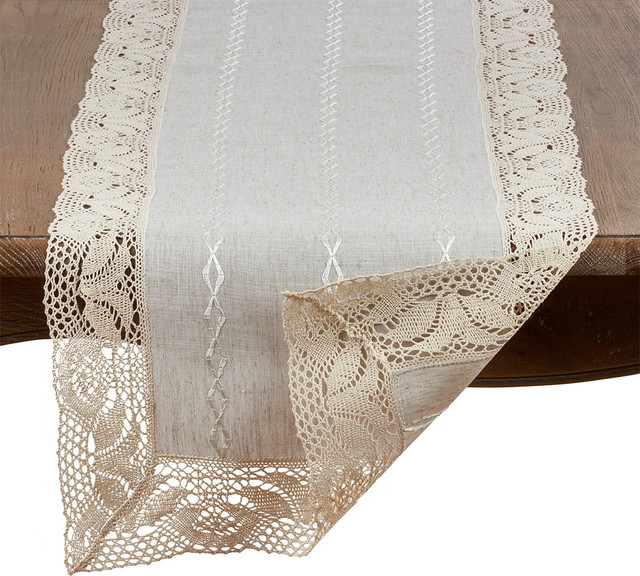 Elegant Embroidered Lace Natural Linen Collection Table Runner (16"x72 ...