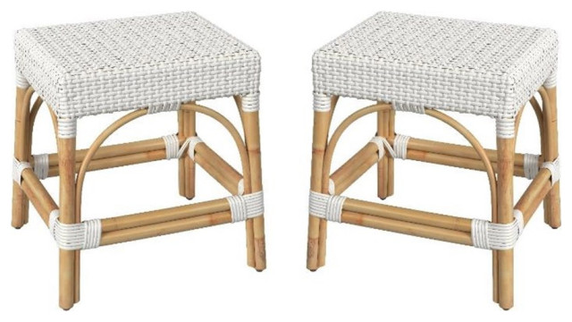 Home Square 18" Rattan Rectangular Dining Stool in White - Set of 2 ...