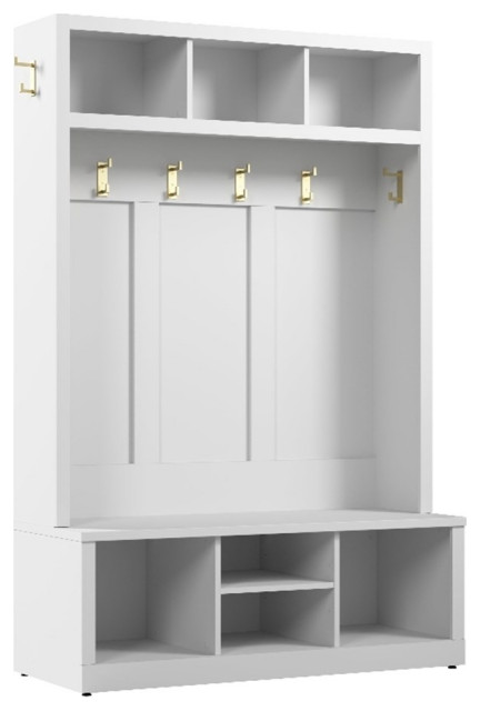 Bowery Hill 48W Hall Tree and Shoe Bench in White - Engineered Wood ...