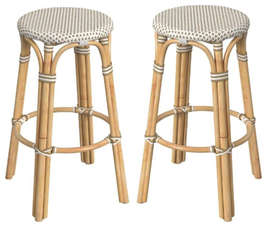 Home Square 30" Round Rattan Bar Stool in White and Tan Dot - Set of 2 ...