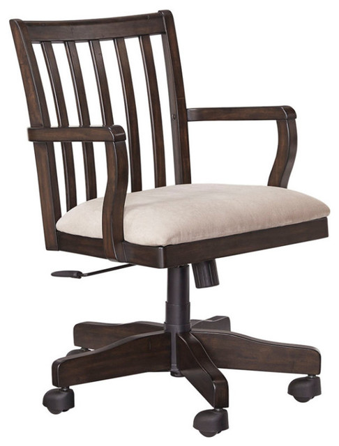 Slatted Back Wooden Swivel Chair with Microfiber Seat & Adjustable ...