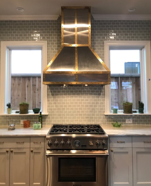 Stainless Steel Range Hood with Bronze Strapping - Industrial - Kitchen ...