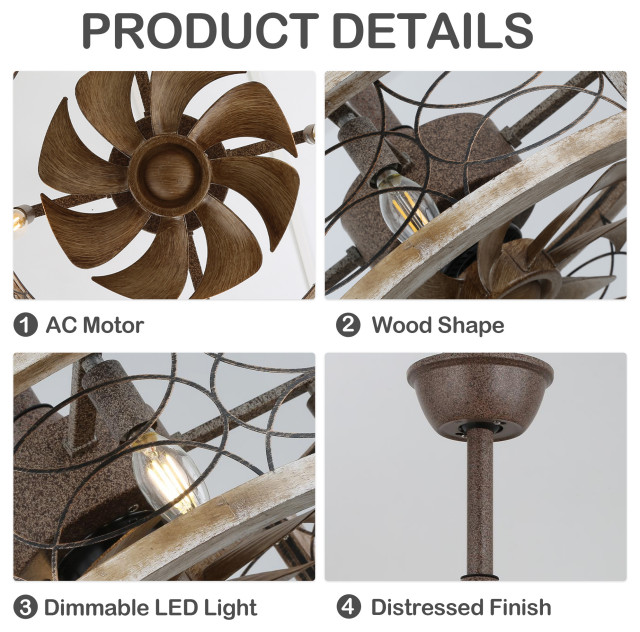18” Farmhouse 4-Light Wood Caged Ceiling Fan with Lights and Remote ...