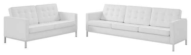 Tufted Loveseat and Sofa Set, Faux Leather, Silver Black, Modern ...