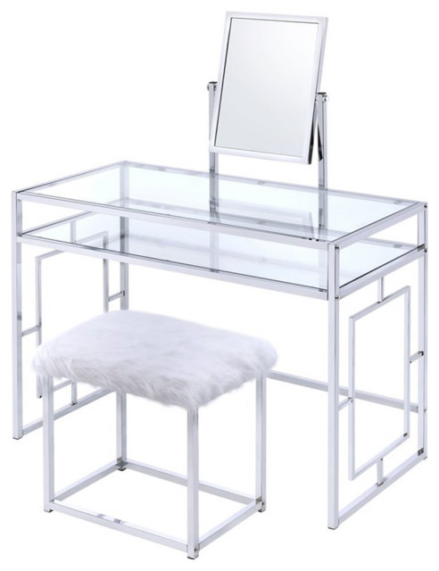 ACME Josh Metal Frame Vanity and Stool in White and Chrome ...