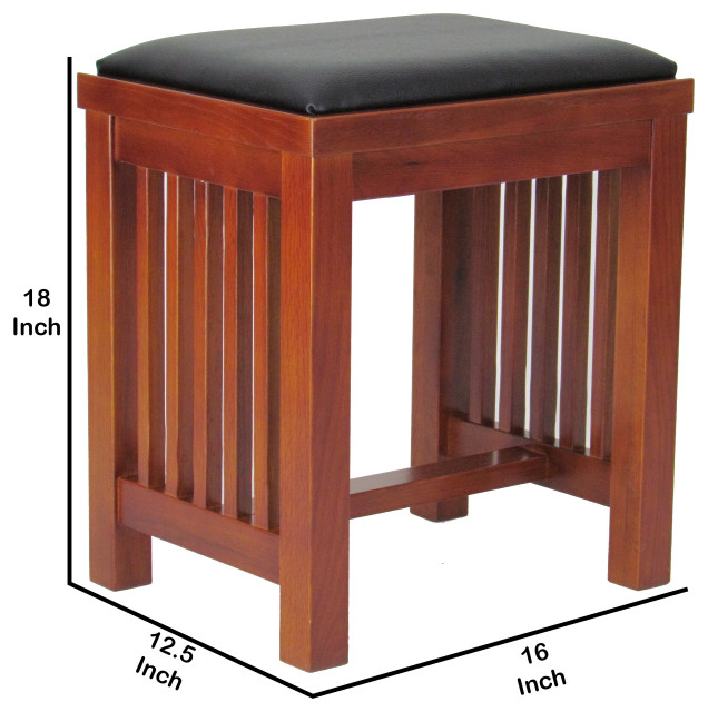 Faux Leather Upholstered Mission Wooden Stool With Slatted Sides, Brown ...