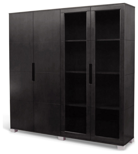 72” Modern Hayes Black Oak Wood Double Cabinet Storage Unit Glass/Wood ...