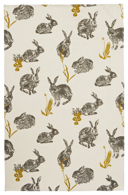 Block Print Rabbits Cotton Tea Towel - Farmhouse - Dish Towels - by ...