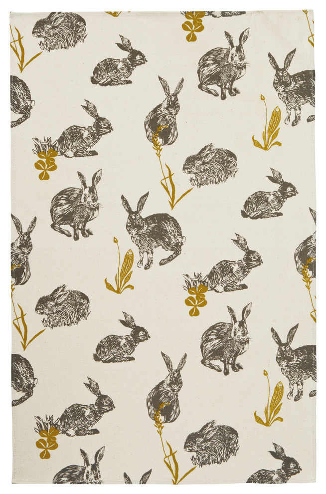 Block Print Rabbits Cotton Tea Towel - Farmhouse - Dish Towels - by ...