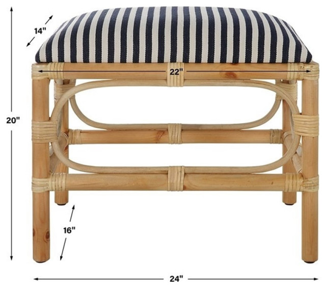 Maklaine Striped Contemporary Fabric Small Bench in Navy Blue and White ...