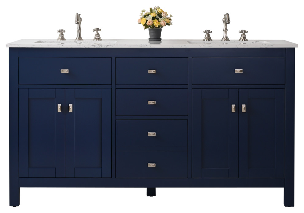 Totti Artemis 60" Blue Double Sink Bathroom Vanity, Carrara Man-Made ...