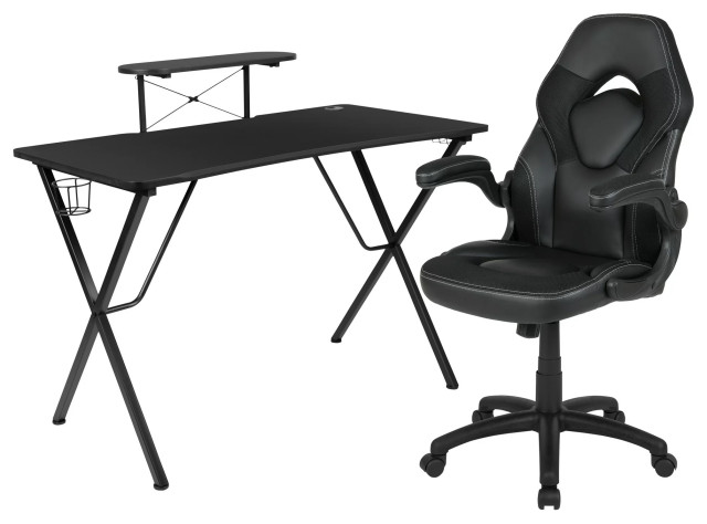 Modern Gaming Desk With Comfortable Chair, Raised Shelf & Cup Holder ...