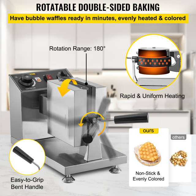 VEVOR Electric Bubble Waffle MakerRotatable Waffle Machine Square Mould ...