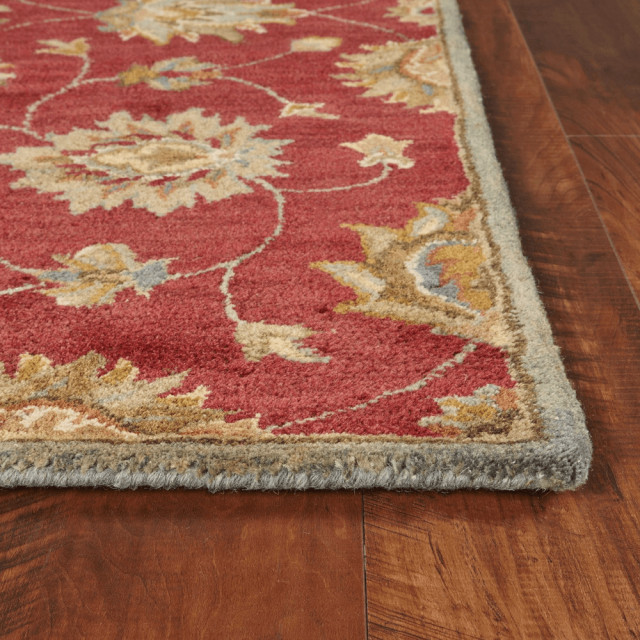 5' Round Red Floral Vine Wool Indoor Area Rug - Traditional - Area Rugs ...