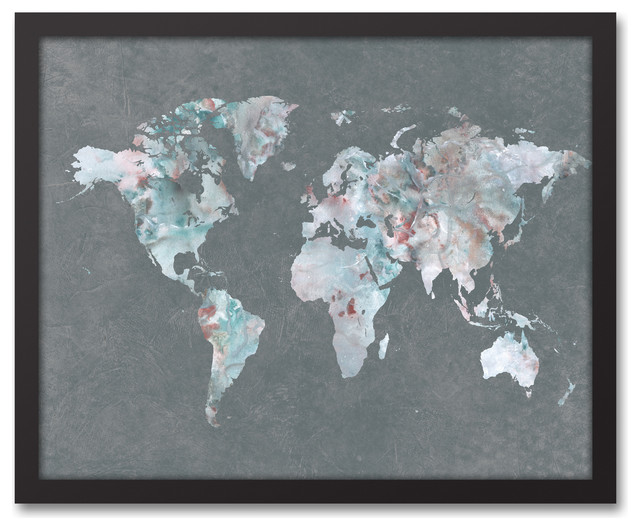 Greige on Gray World Map 16x20 Black Framed Canvas - Contemporary ...