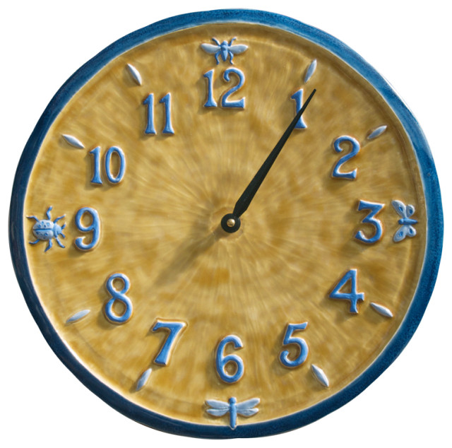Little Wings Ceramic Wall Clock, Yellow and Blue Glazes - Contemporary ...
