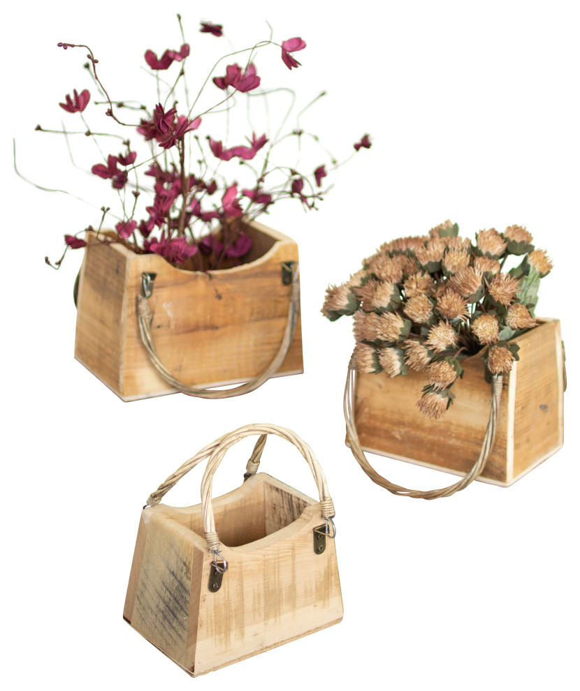 Rustic Recycled Wood Handbag Tote Planter 3-Piece Set Vintage Style ...