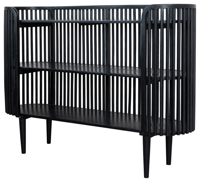 Modern Slatted Wood Console Table With 2 Shelves and Curved Edge, Black ...