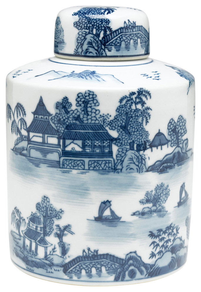 Blue and White Round Jar With Lid - Asian - Decorative Jars And Urns ...