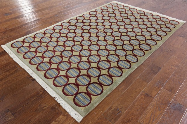 New Elegant Geometric Tibetan 5x8 Ivory/Red Hand Knotted Carved Wool ...