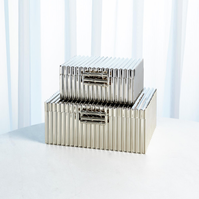 Luxe Ribbed Silver Metal Decorative Box Bamboo Handle 9" Solid Brass ...