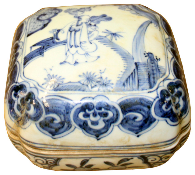 Chinese Blue White Porcelain Scenery Accent Square Box Display Hws874 ...