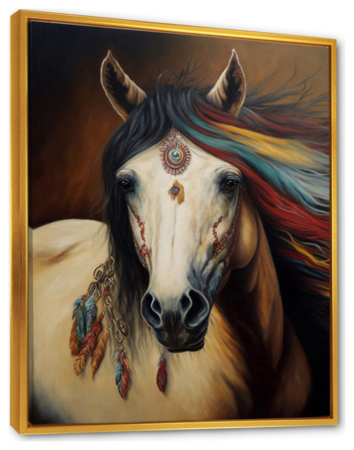 Amerindian Horse With Feathers IV Framed Canvas, 16x32 - Southwestern ...