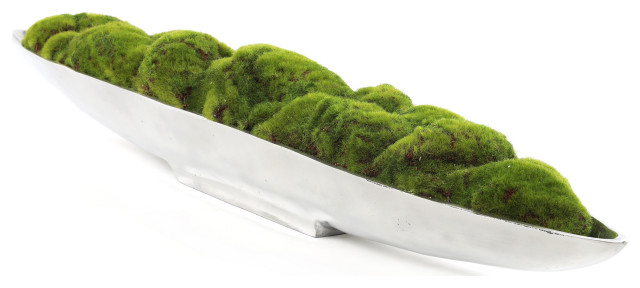 Faux Green Grass Moss Arrangement in Large Metal Boat Tray - Modern ...