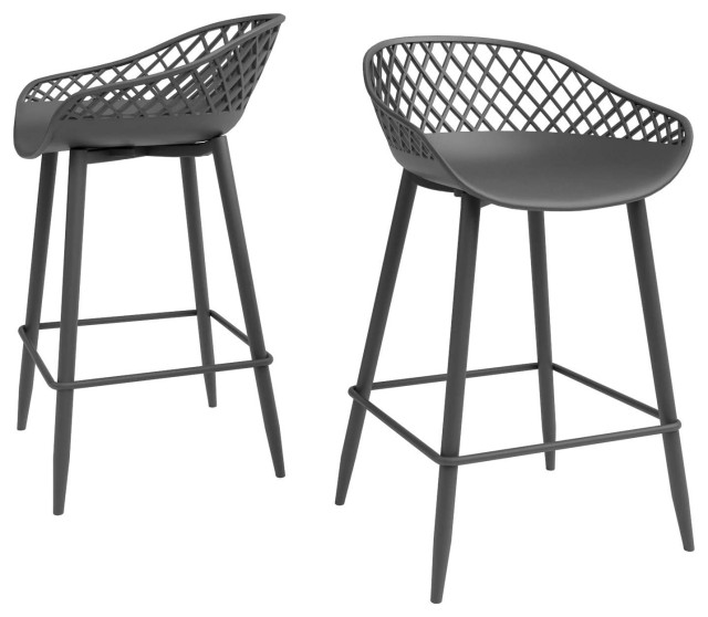 Set of 2 Counter Stool, Angled Metal Legs and Low Back Profile, Warm ...