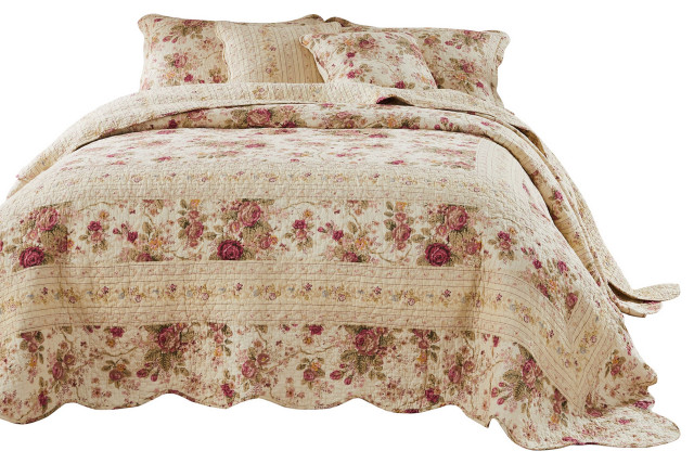 Benzara 3 Piece King Bedspread Set, Floral Print, Scalloped, Cream ...