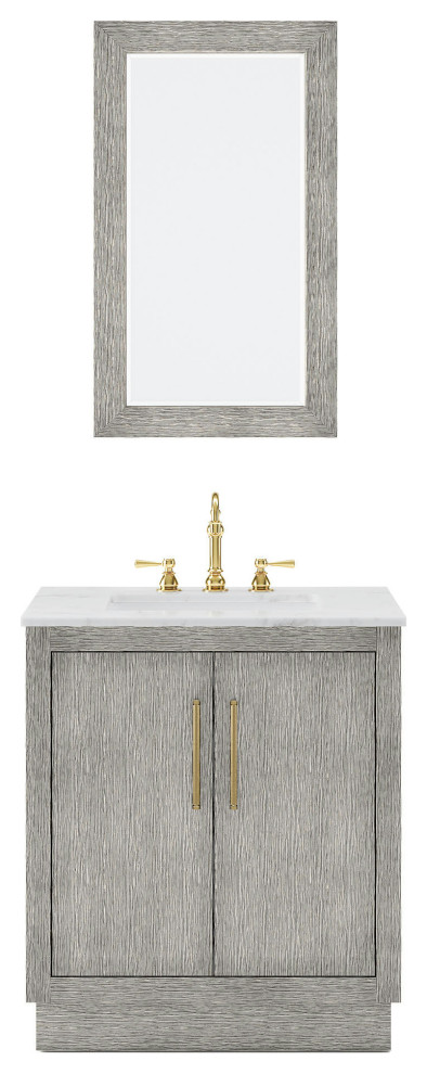 Hugo 30" Single Sink Carrara Marble Top Vanity, Gray Oak Hook Faucet ...
