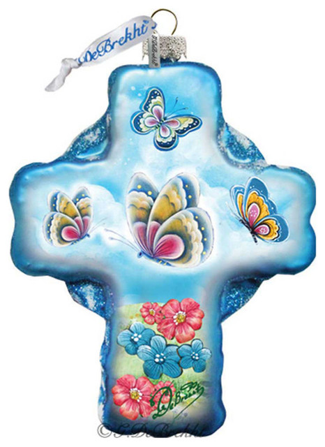 Hand Painted Butterflies Cross In Blue Glass Scenic Ornament ...
