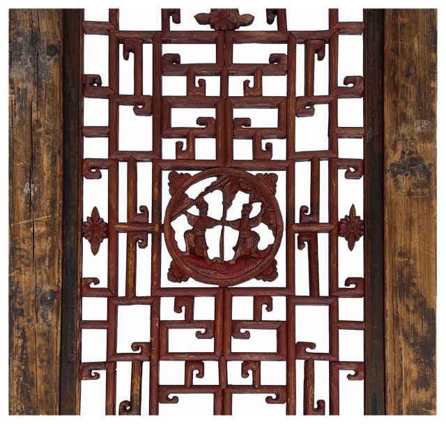 Chinese Vintage People Geometric Pattern Tall Wood Floor Panel Screen ...