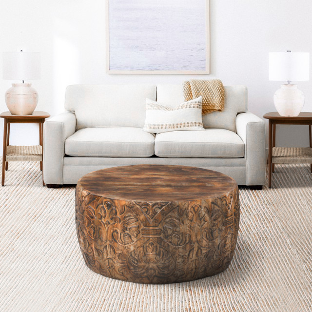 Rea 34" Coffee Table Mango Wood Round Drum Carved Damask Walnut Brown ...